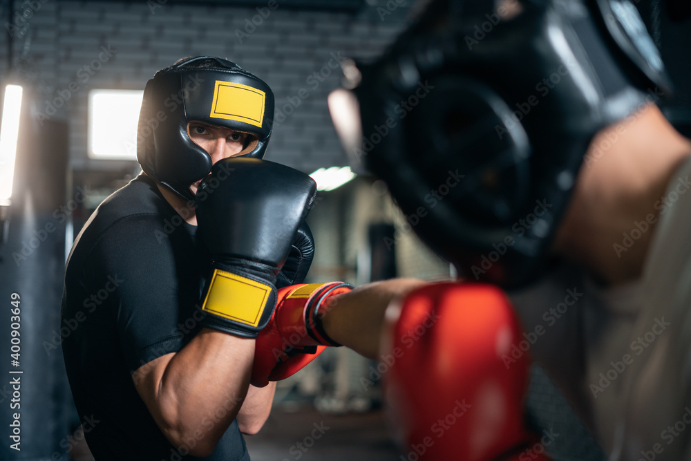 two muscle boxers sport man training and fighting on boxing ring at gym ...