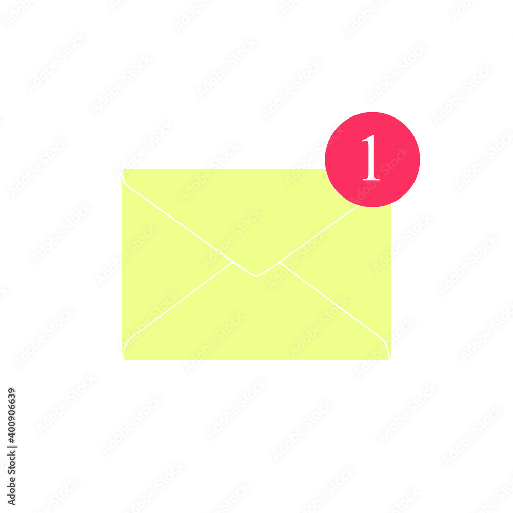 One new message icon. Envelope with red digit 1. New email in mailbox ...