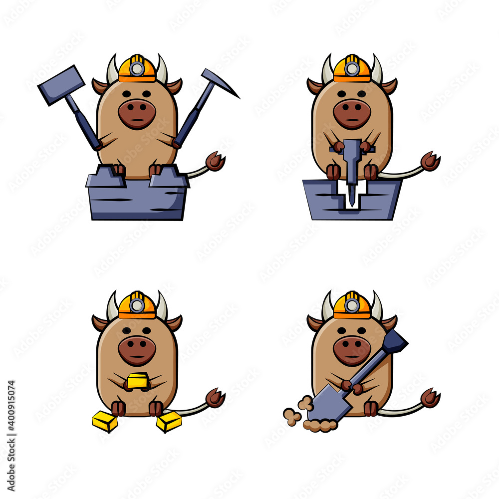 Cute ox gold mining cartoon handdrawn style set. Breaking rock ...