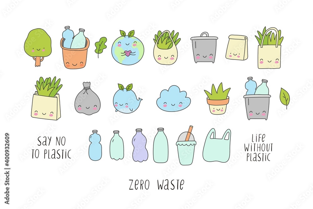 Say no to plastic. Recycling and ecology vector kawaii print. Save our ...