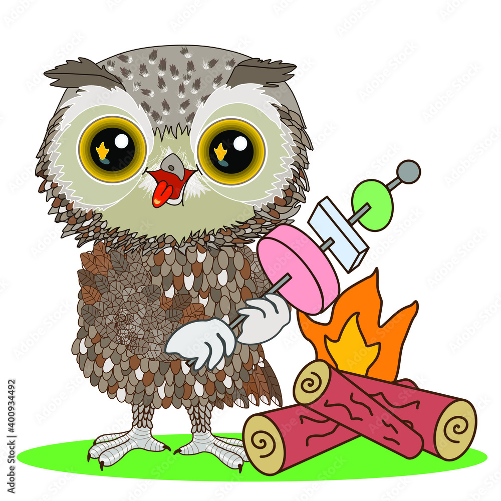 happy owl toasting marshmallows on a bonfire, happy emotion roasting ...
