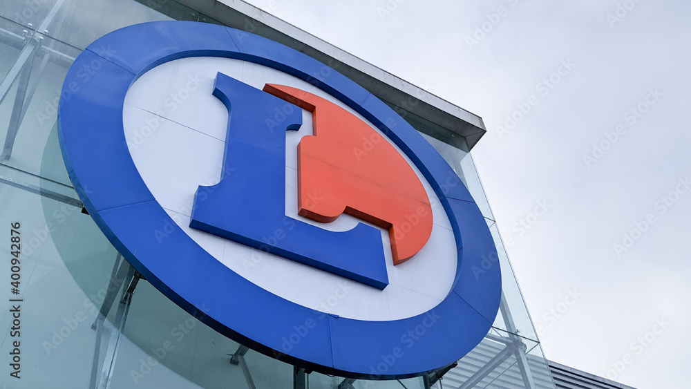 E.Leclerc round sign E logo sign front of supermarket leclerc shop ...