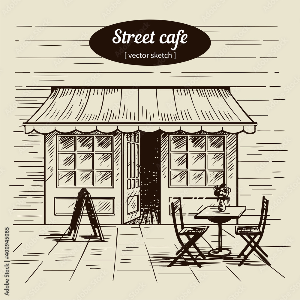 Vector sketch of a street cafe with table and chairs, flowers in pots ...