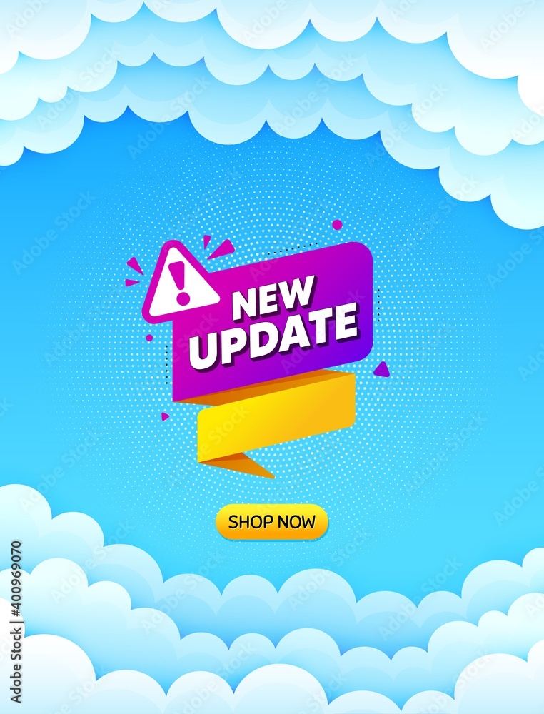 New update paper banner. Cloud sky background with offer message ...