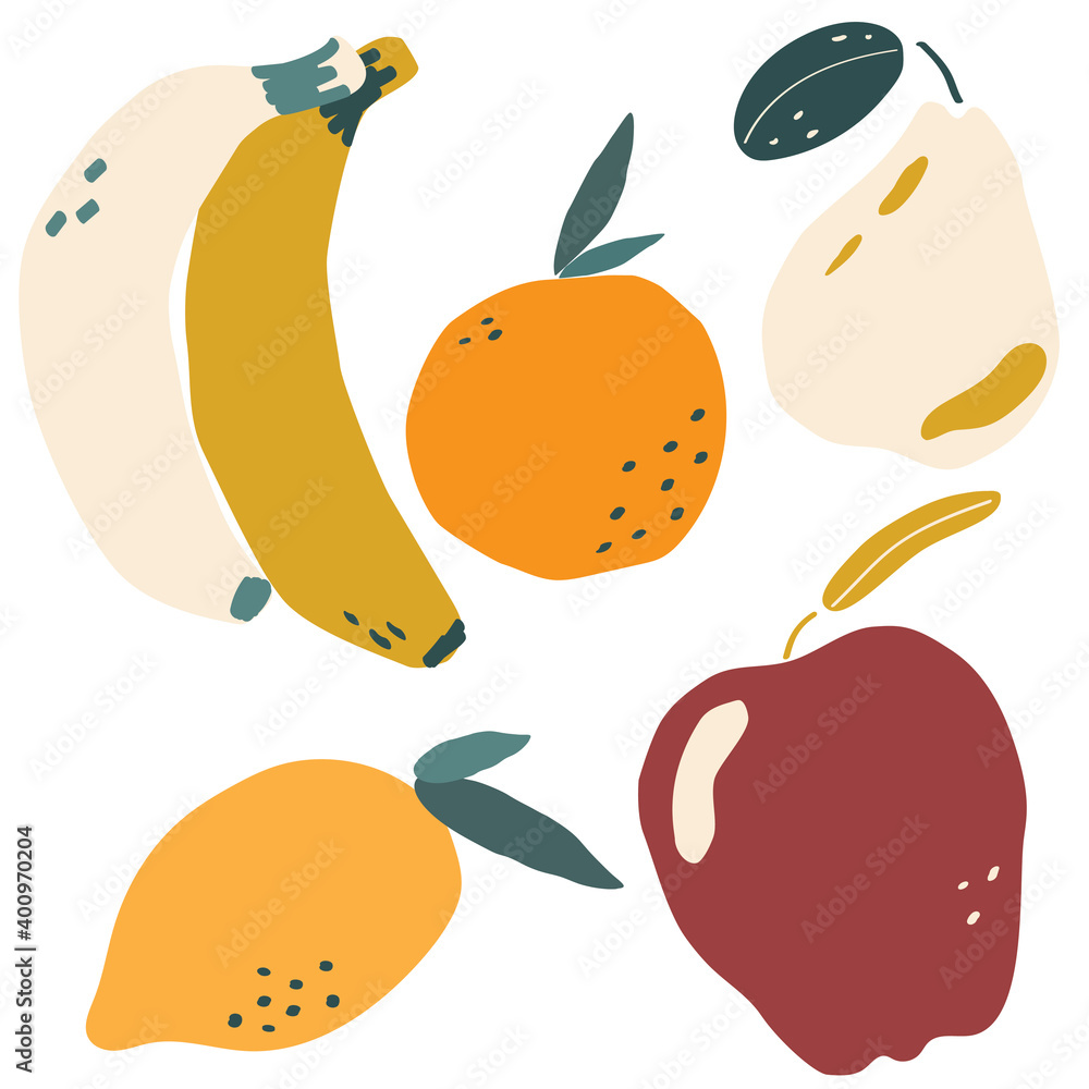Apple, pear, lemon, banana and orange fruit modern flat vector ...