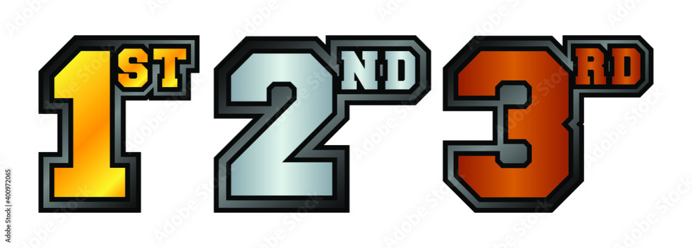 1st, 2nd, 3rd numbers and letters in bronze, silver and golden color ...