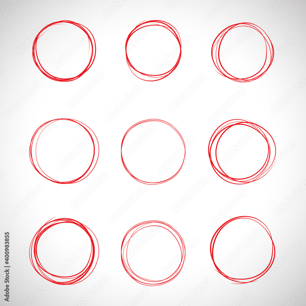 Red circle, pen draw set. Highlight hand drawn circle isolated on ...