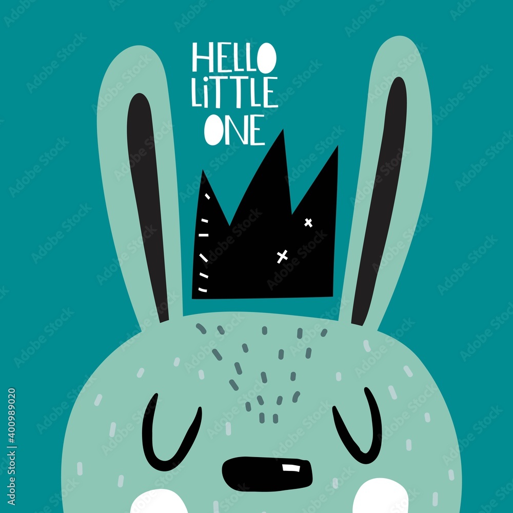 hello little one. cartoon bunny, hand drawing lettering. Colorful ...