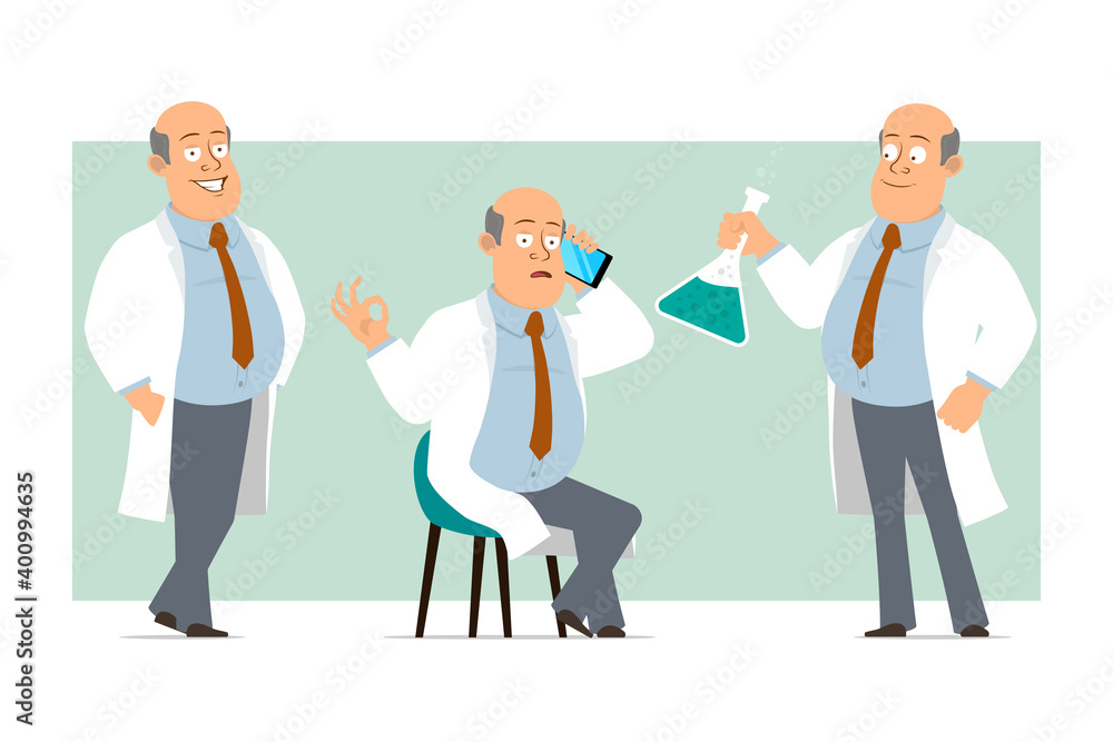 Cartoon flat funny fat bald doctor man character in white uniform with ...