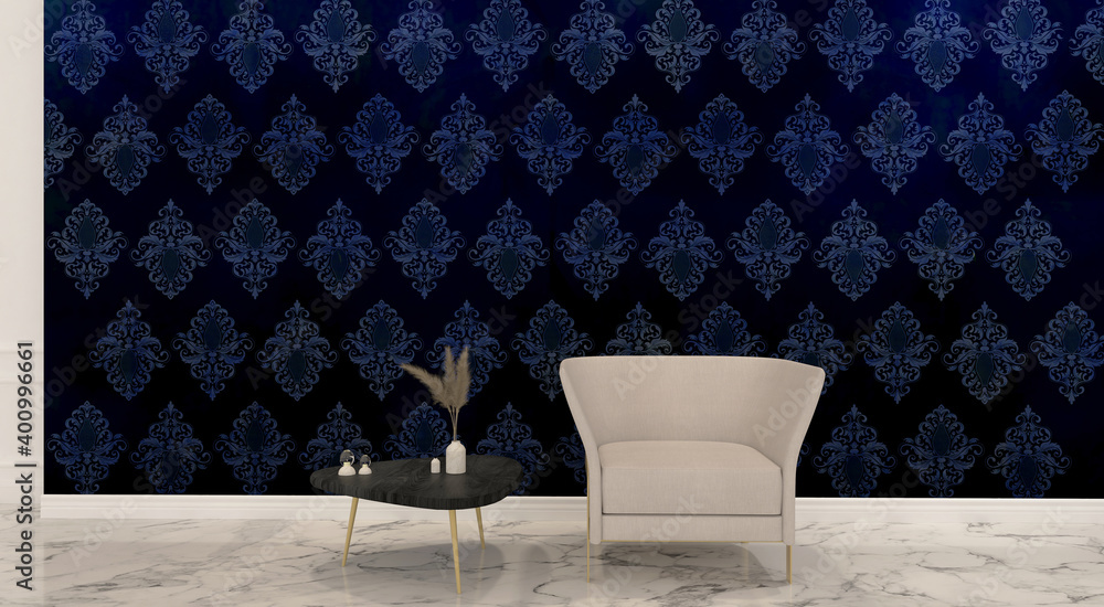 This 3d render offers retro, old-fashion solution to interior decor ...