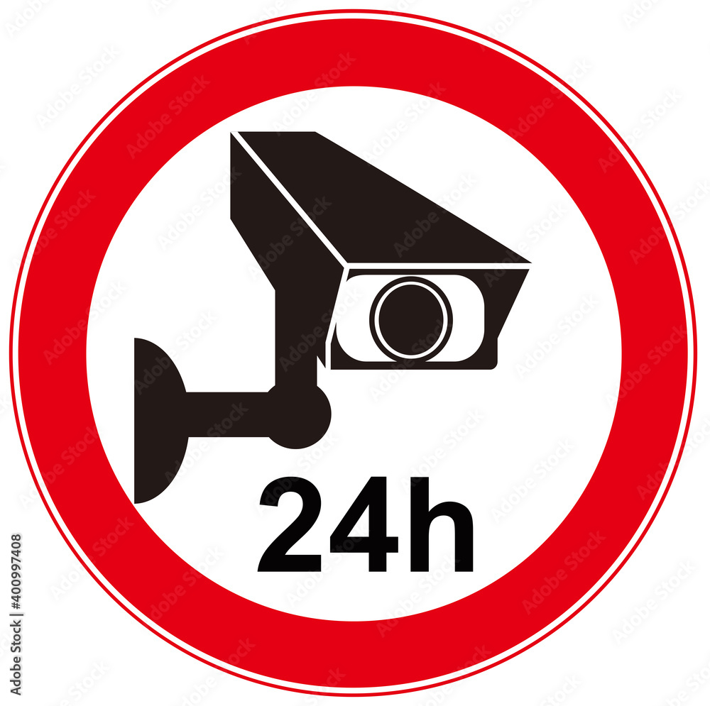 24 hour monitoring camera. Security camera in use sign. Stock ...