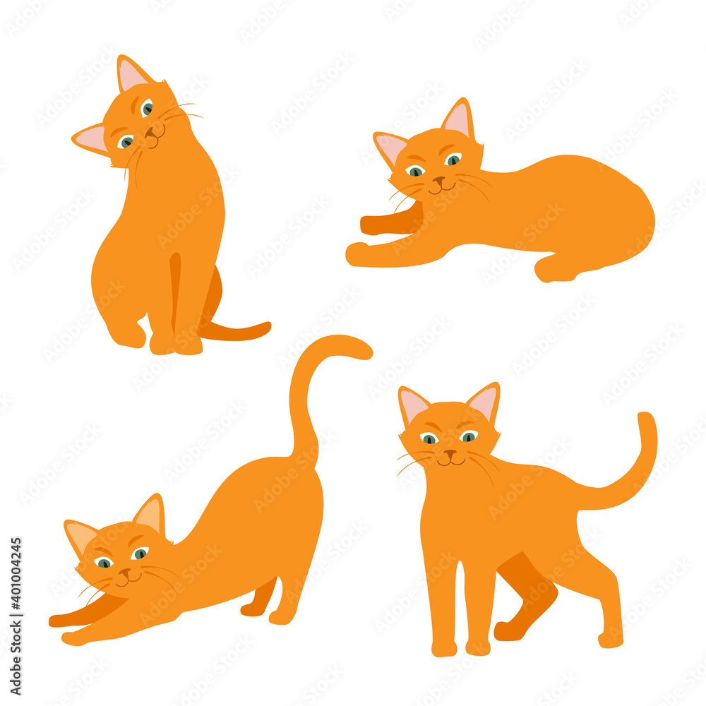 Cartoon Cat Set With Different Poses And Emotions Cat Behavior And