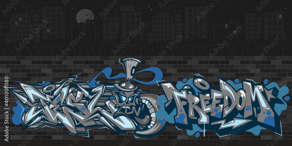 Dark Streetart Graffiti Wall With Drawings At Night Against The ...