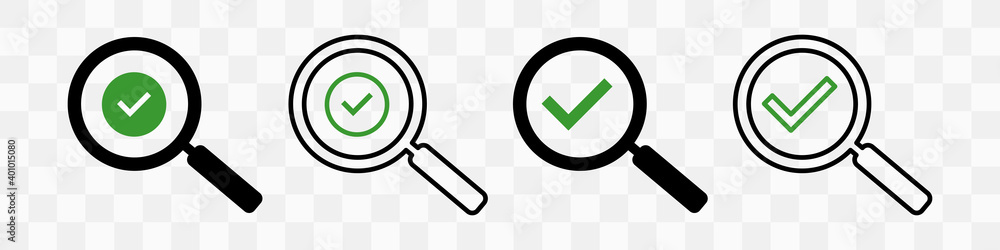 Magnifier with confirmation icon. Set of Magnifying glasses with tick ...