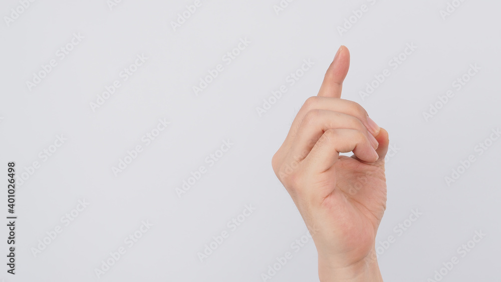 Male model is doing Hand gestures "E" alphabet on white background. A ...