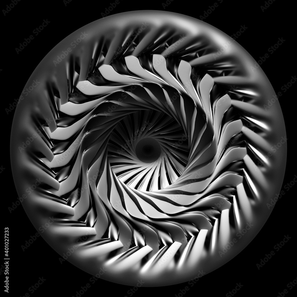 3d render with black and white monochrome abstract art surreal glass sphere with industrial ...