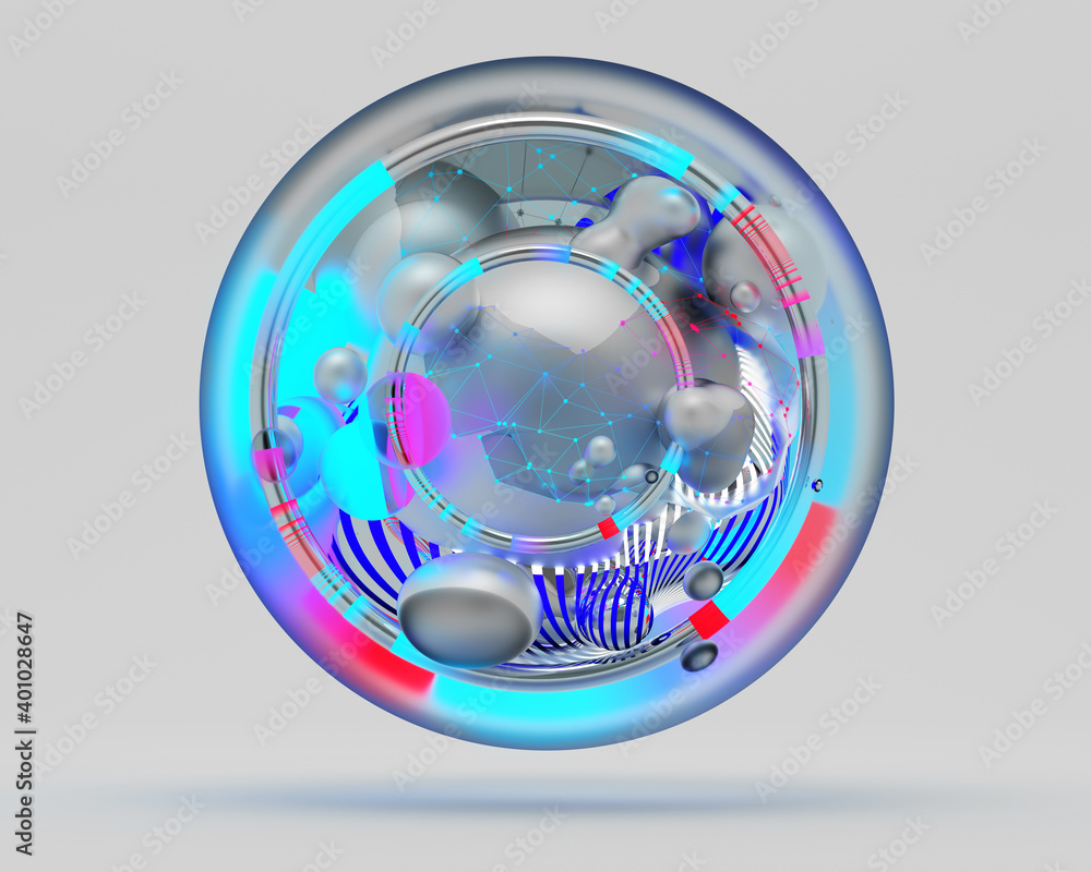 3d render of abstract art of surreal 3d glass ball with organic curve ...