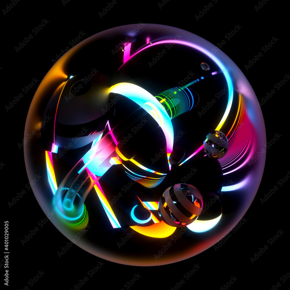 3d render of abstract art of surreal 3d glass ball with organic curve ...