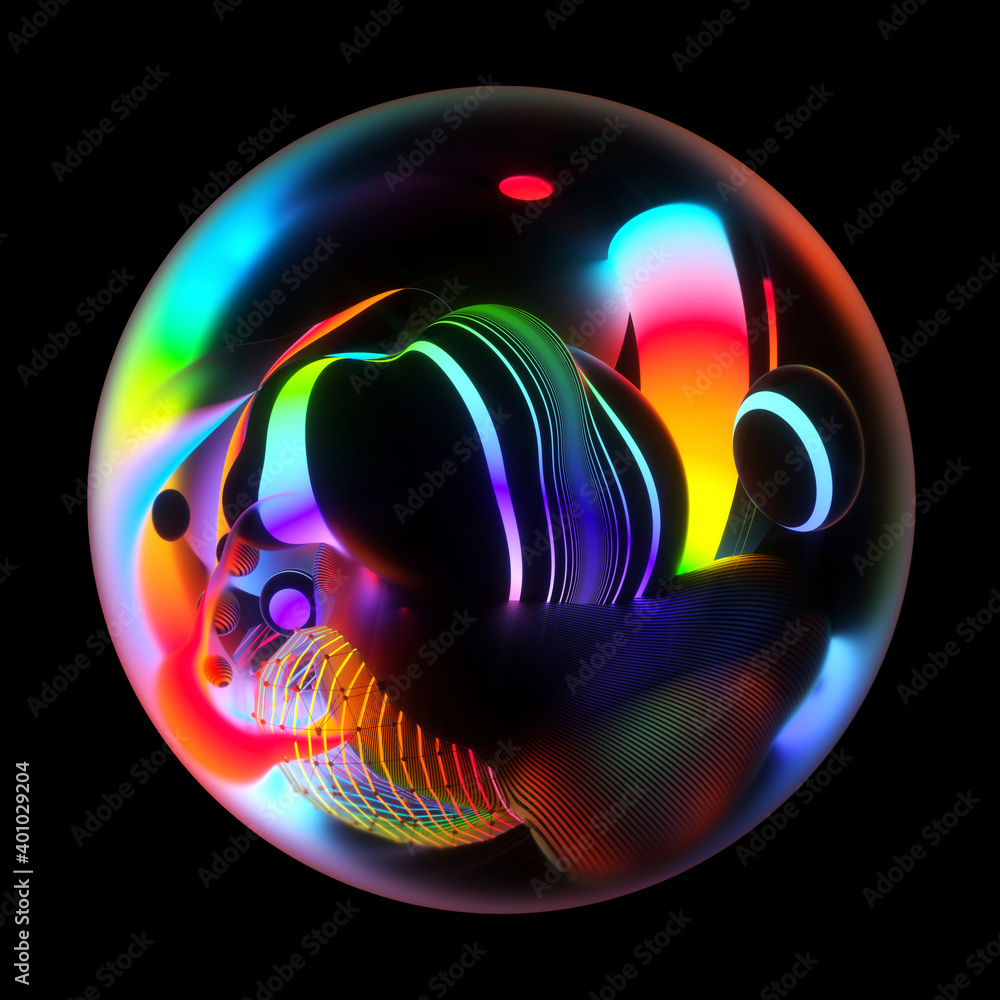 3d render of abstract art of surreal 3d glass ball with organic curve ...