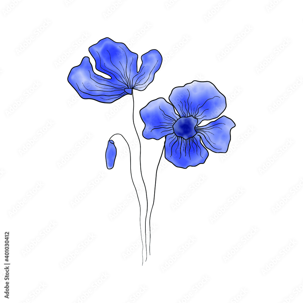 Watercolor blue flower painting. Abstract hand drawn floral element ...