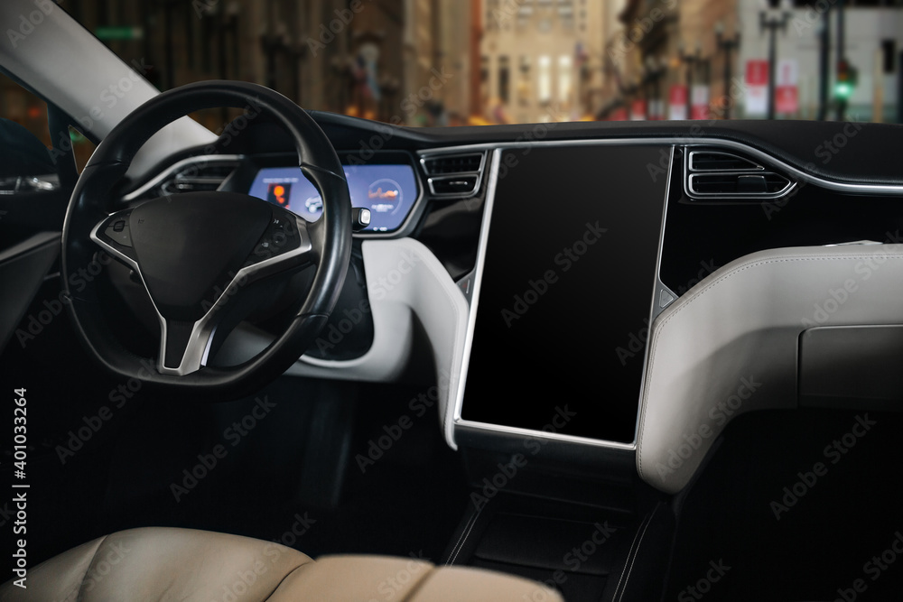 Modern and futuristic car interior. Expensive and luxury electric car ...