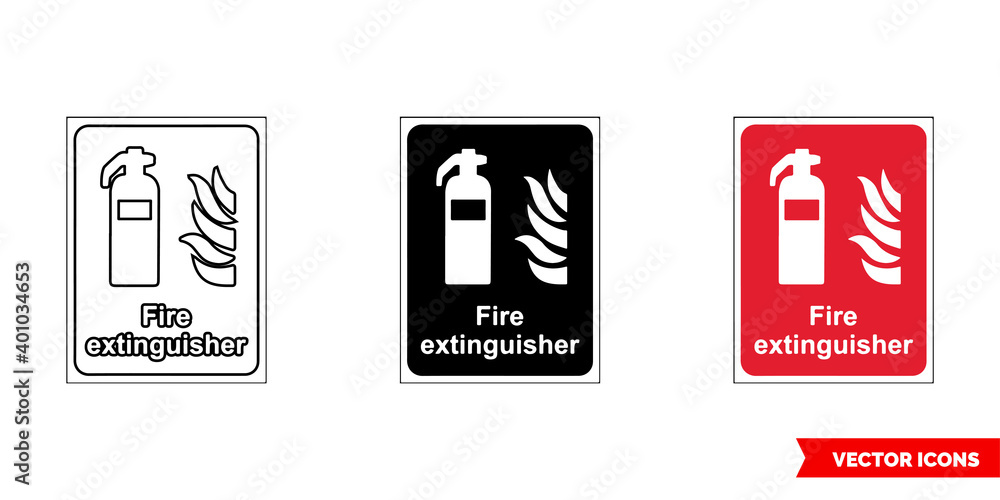 Fire fighting sign fire extinguisher icon of 3 types color, black and ...