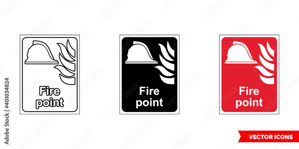 Fire fighting sign fire point icon of 3 types color, black and white ...