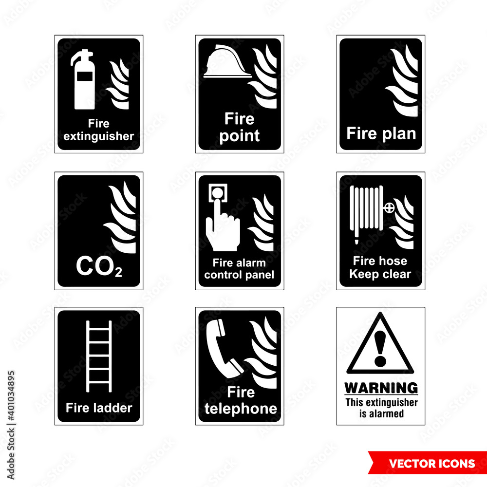 Fire fighting signs icon set of black and white types. Isolated vector ...