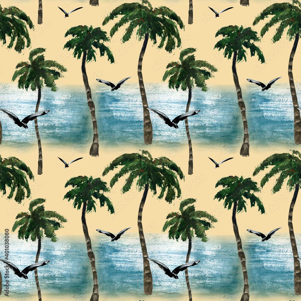 Watercolor beach seamless texture. Palms, seagull, sea, ocean, beach ...