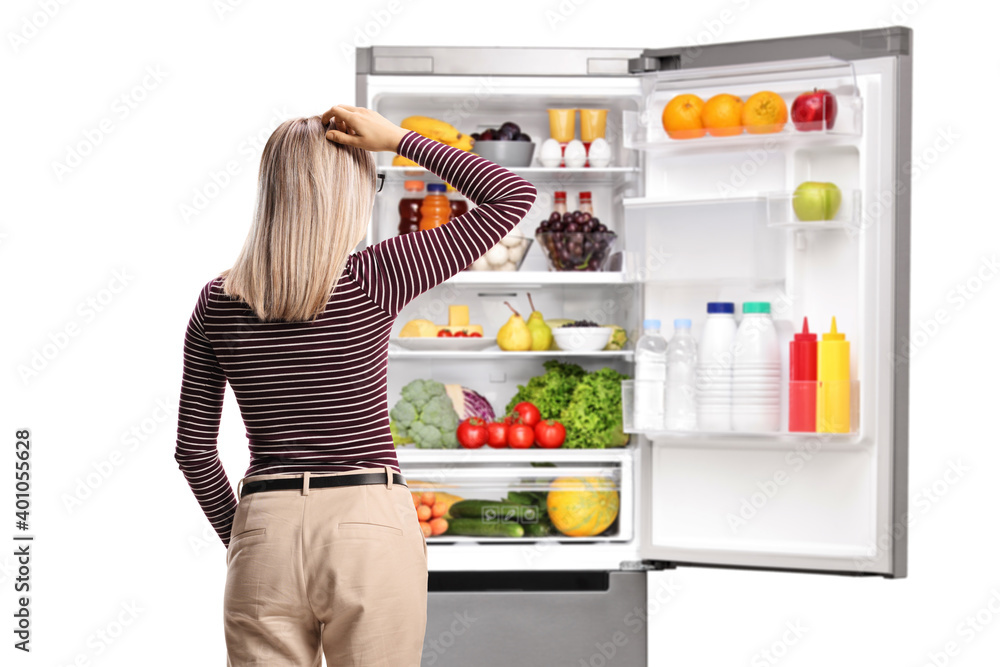 Rear view of a woman standing in front of an open fridge with vaiety of ...