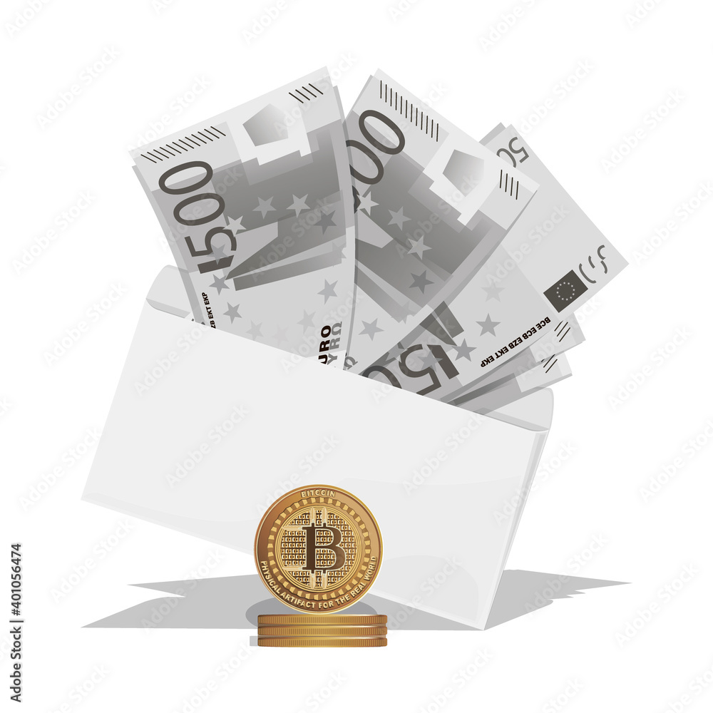 Bitcoin. Euro bills. 500. Network trading crypto currency. Gold coins ...