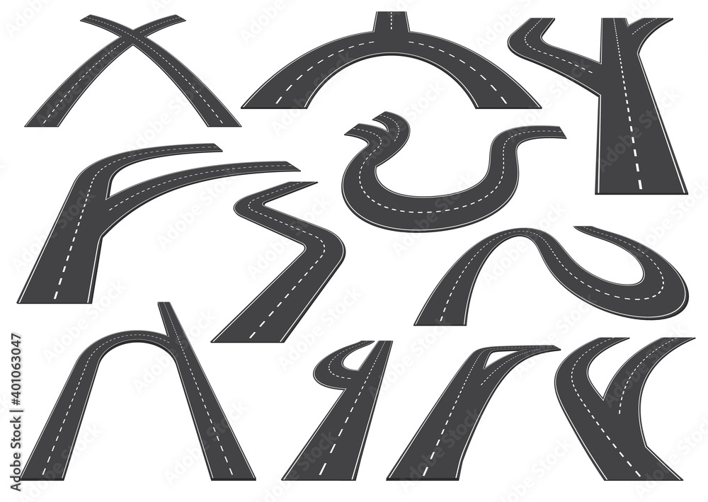 Bending roads, high ways or roadways. Collection of winding road design ...