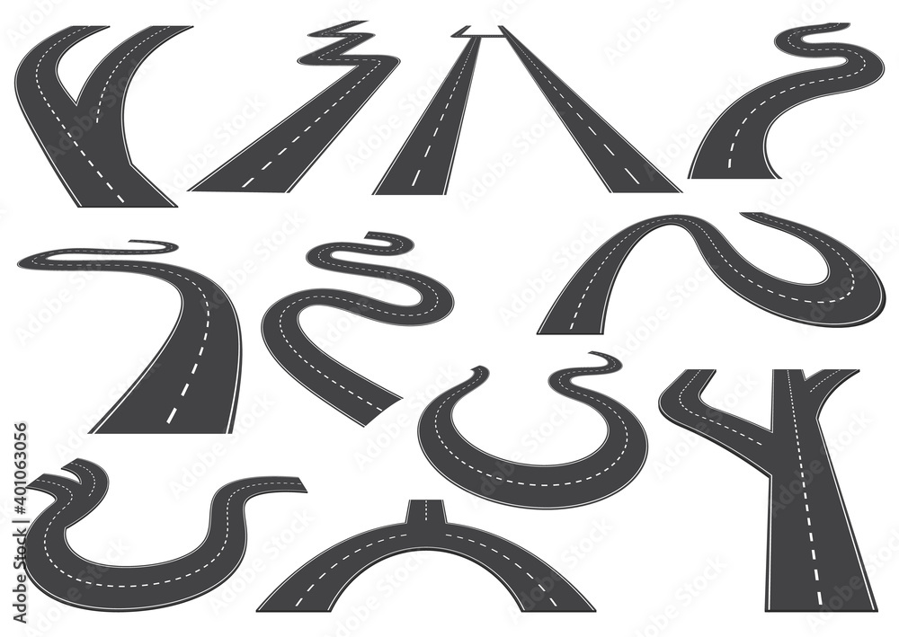 Bending roads, high ways or roadways. Collection of winding road design ...