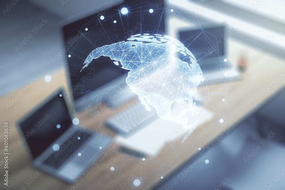 Digital America map and modern desktop with computer on background ...