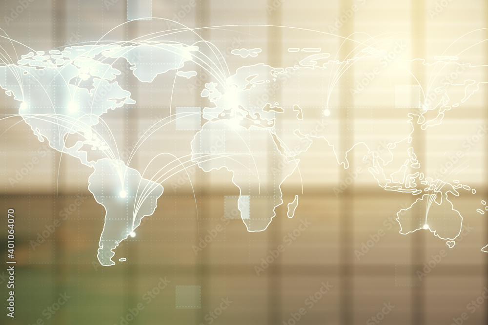 Abstract graphic digital world map hologram with connections on modern ...