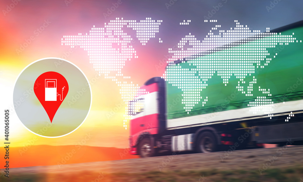 Container truck on the highway with digital dotted map and gas station ...