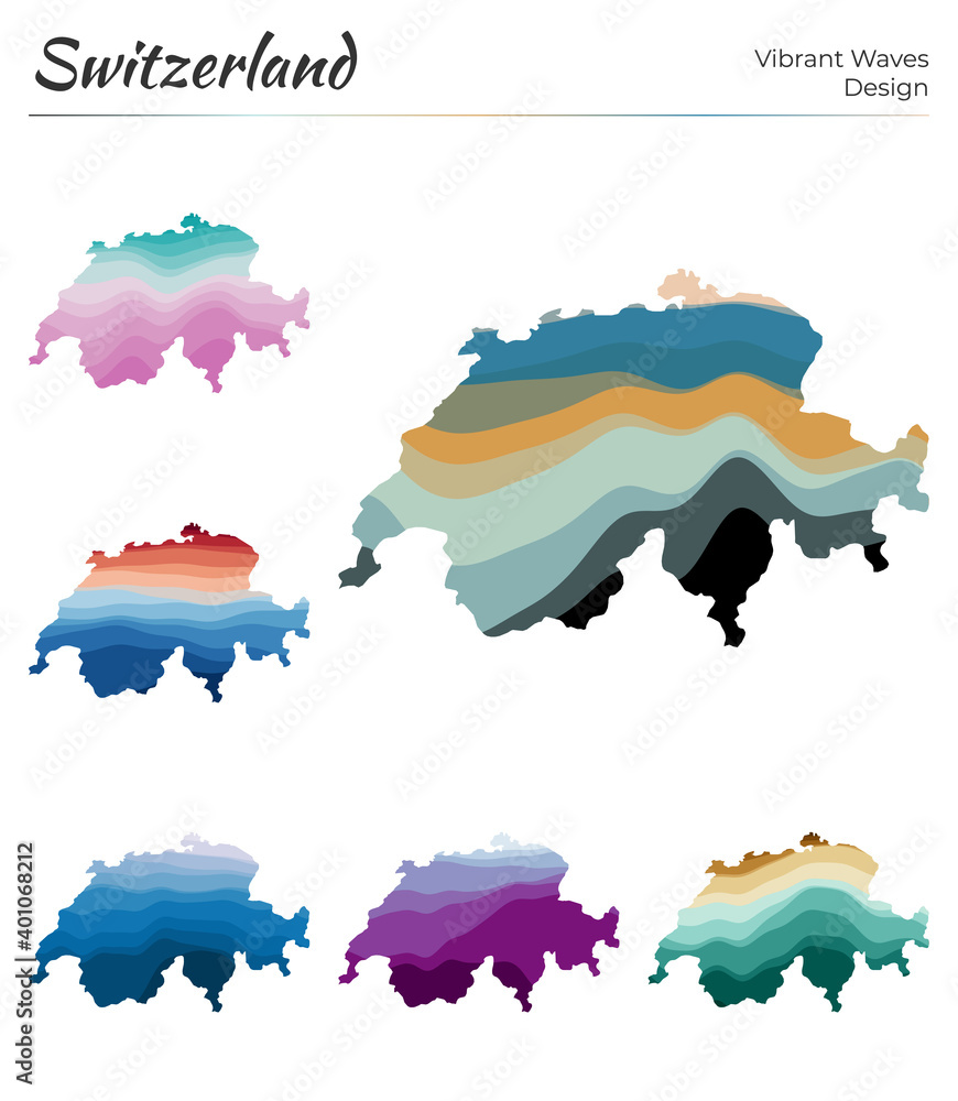 Set of vector maps of Switzerland. Vibrant waves design. Bright map of ...