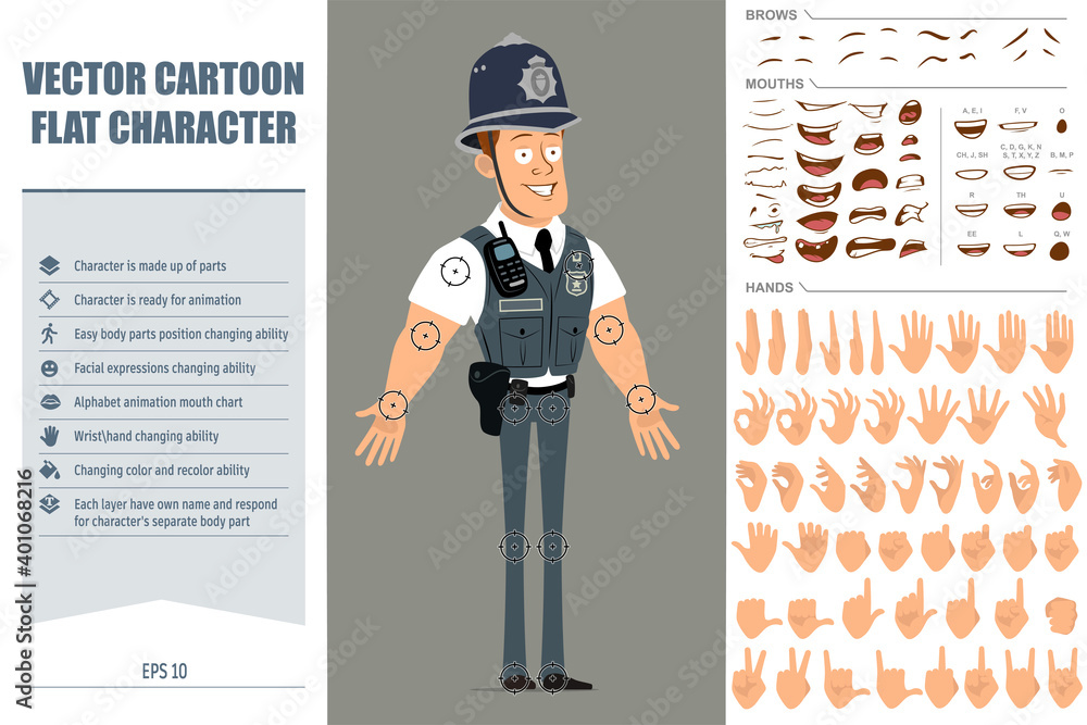 Cartoon flat funny strong policeman character in bulletproof vest with ...