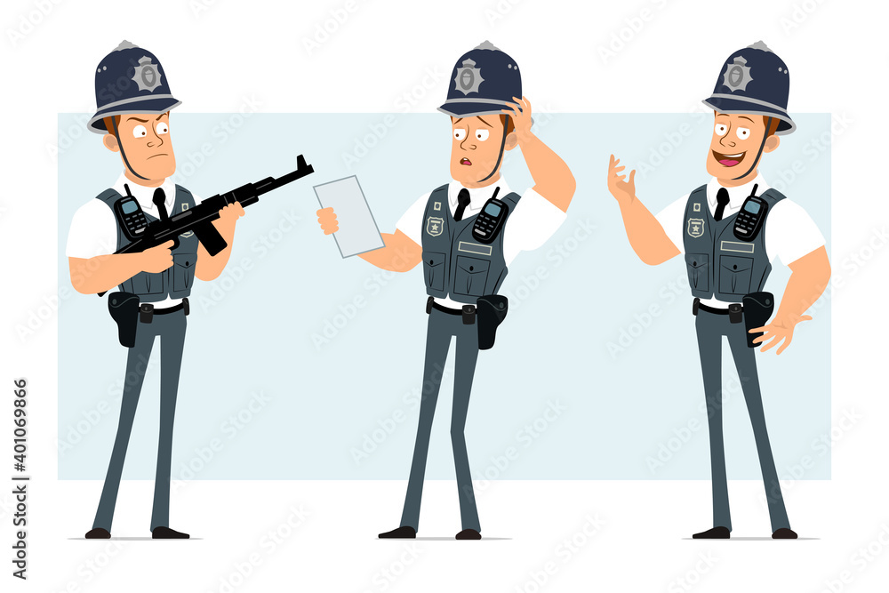 Cartoon flat funny strong policeman character in bulletproof vest with ...