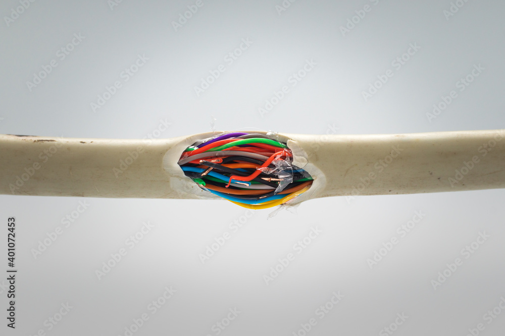 Damaged stranded cable. Broken Internet communication channel. Network ...