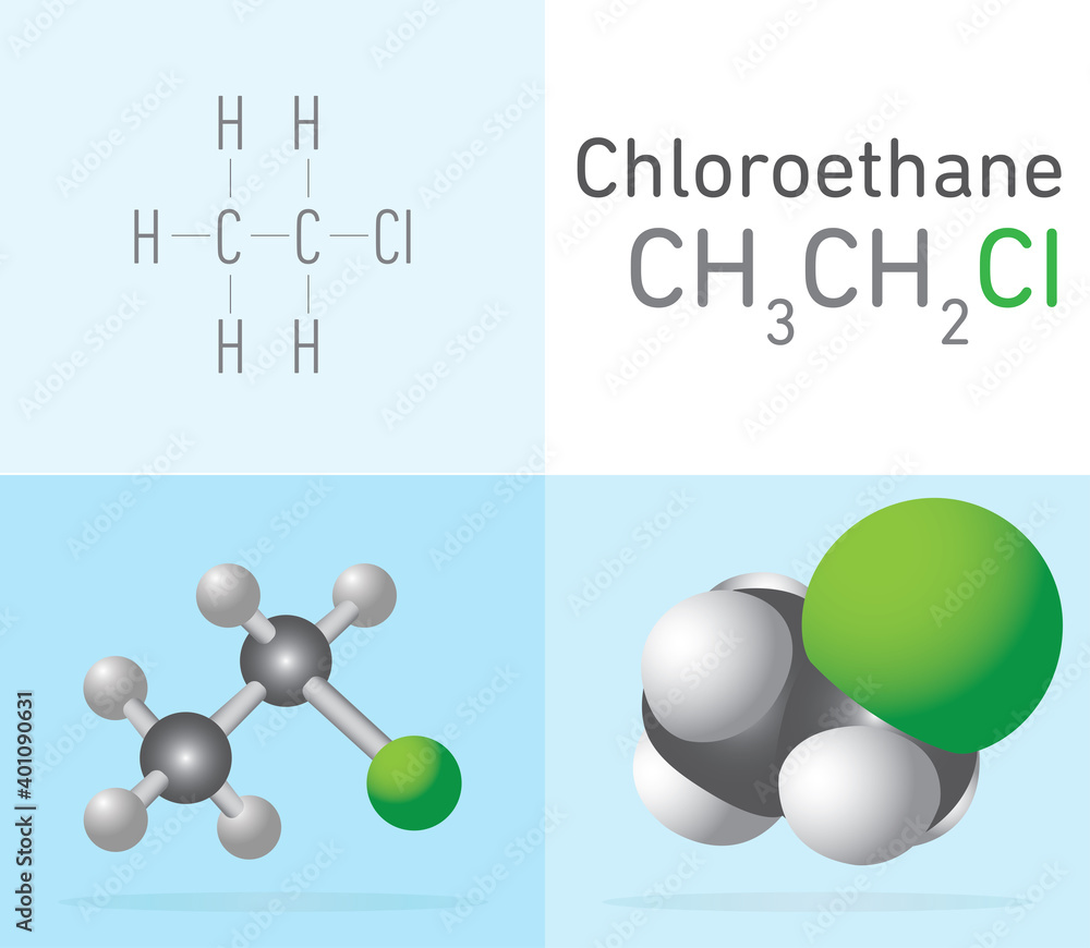 Chloroethane (CH3CH2CI) gas molecule. Two different molecule model and ...