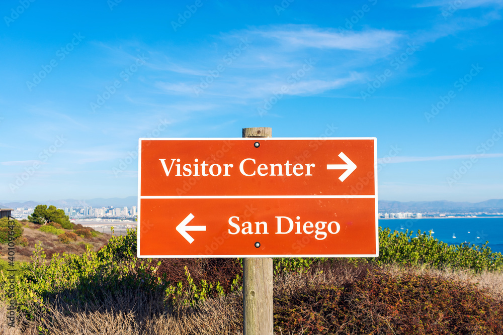 San Diego and Visitor Center brown guide road sign with white lettering ...