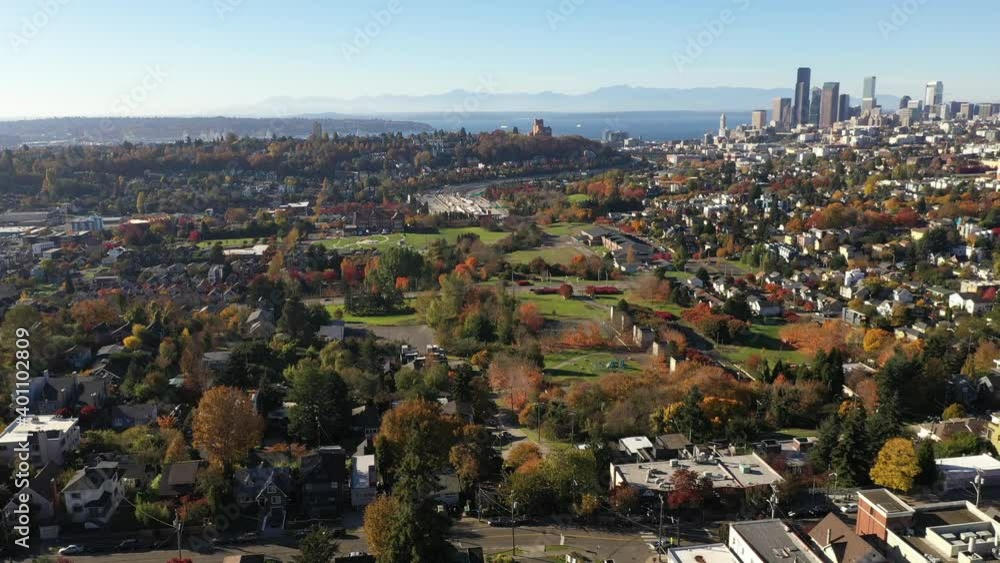 Cinematic drone footage of East side of downtown Seattle, East Portal ...