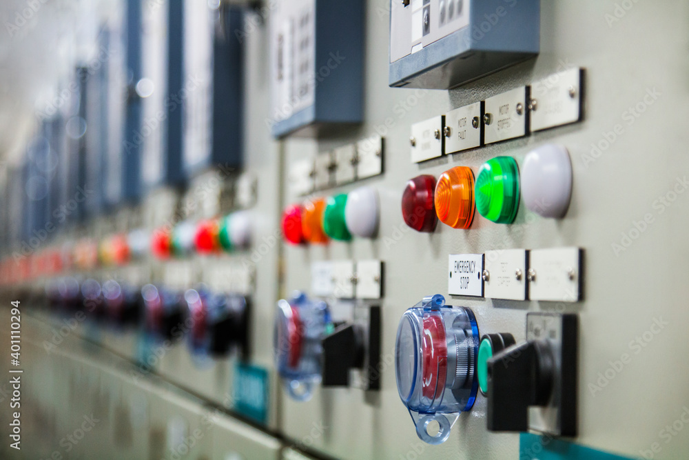 Selective focus,Technical display on control panel with electrical ...