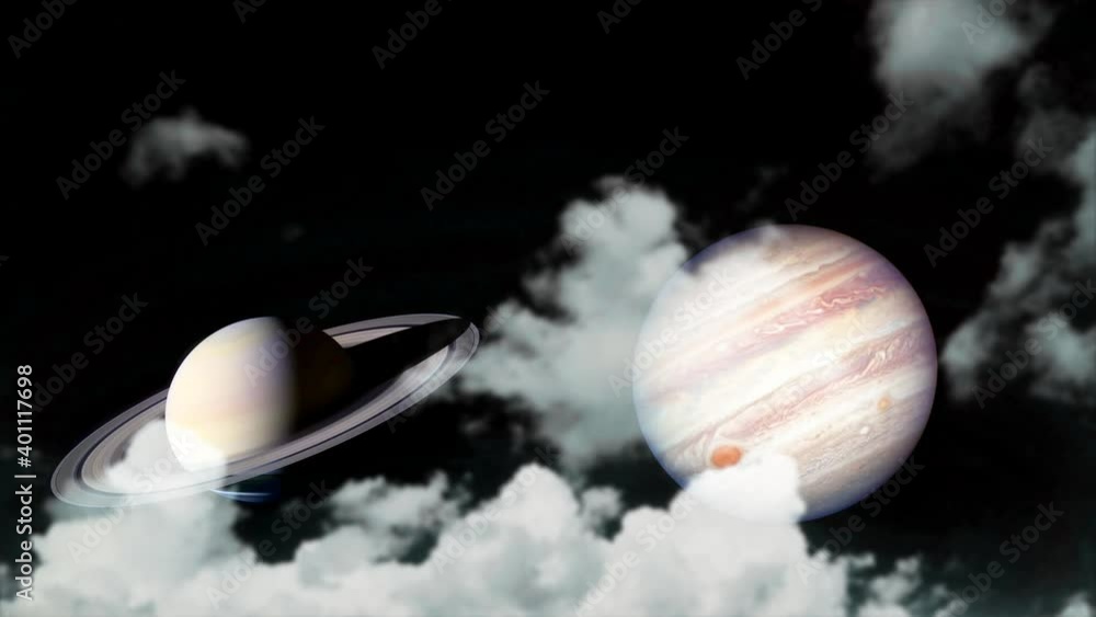 Saturn and Jupiter rise back silhouette cloud on the night sky, winter ...