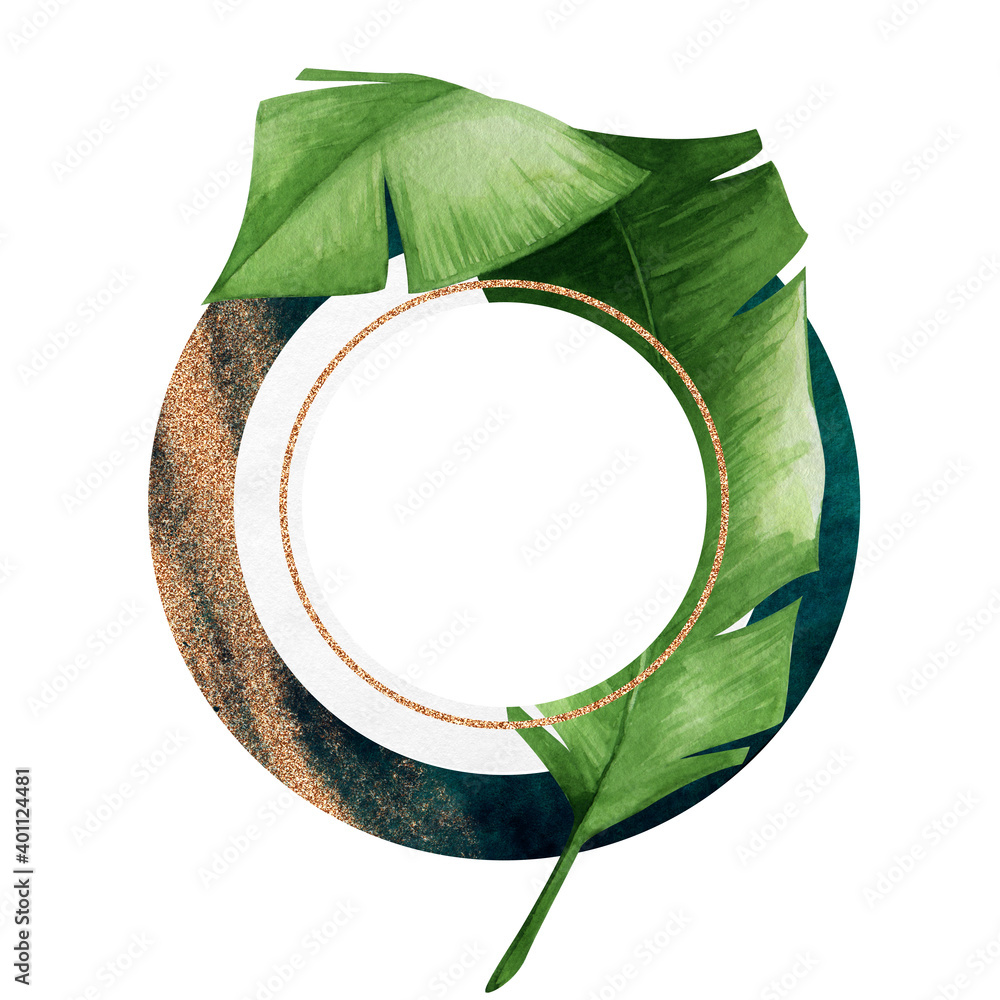 Watercolor round frame isolated on white background. Large tropical ...