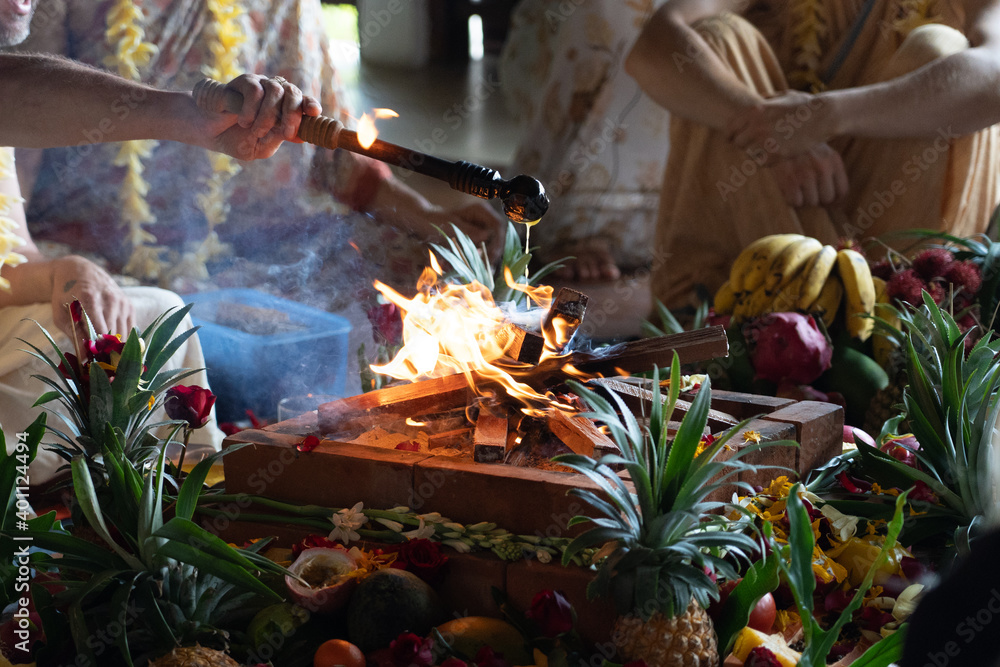 Yajna Ritual. Yajna Ceremony in India. Burning ritual Krishna. Stock ...