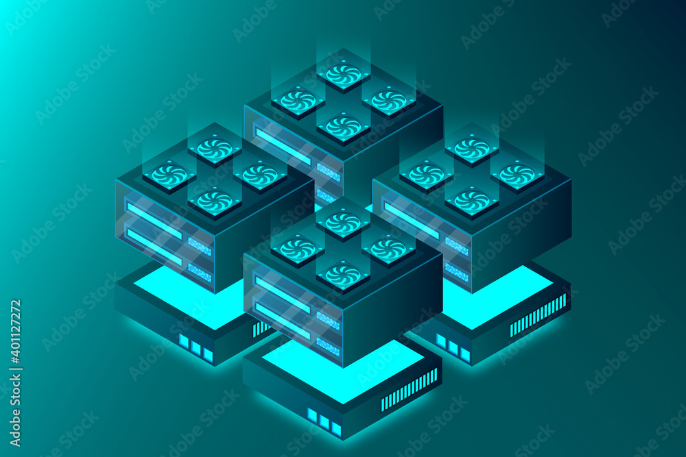 Server room isometric, Mainframe, powered server, high technology ...