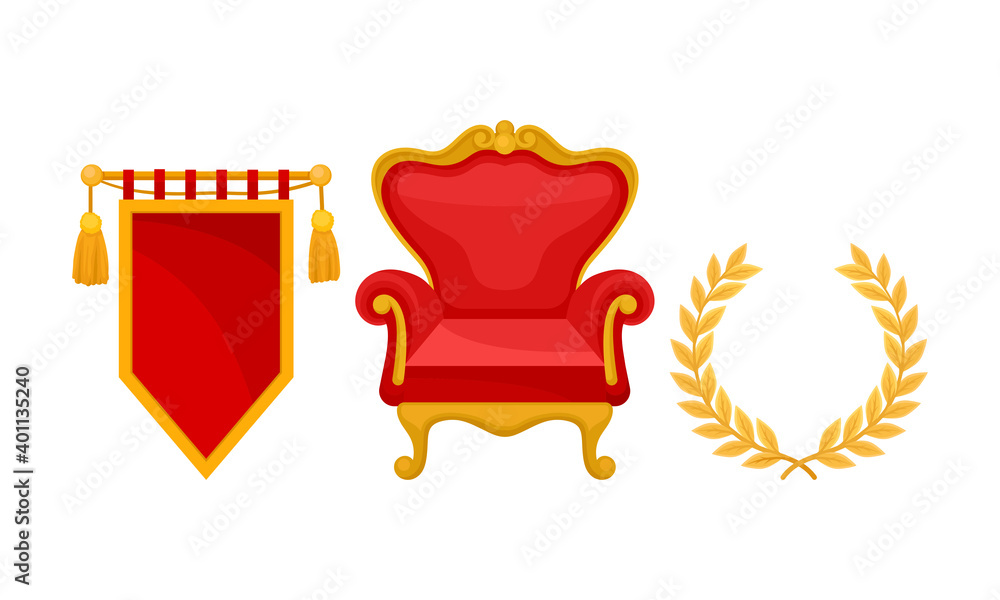 Monarchy Attributes with Golden Laurel Wreath and Throne Chair Vector ...