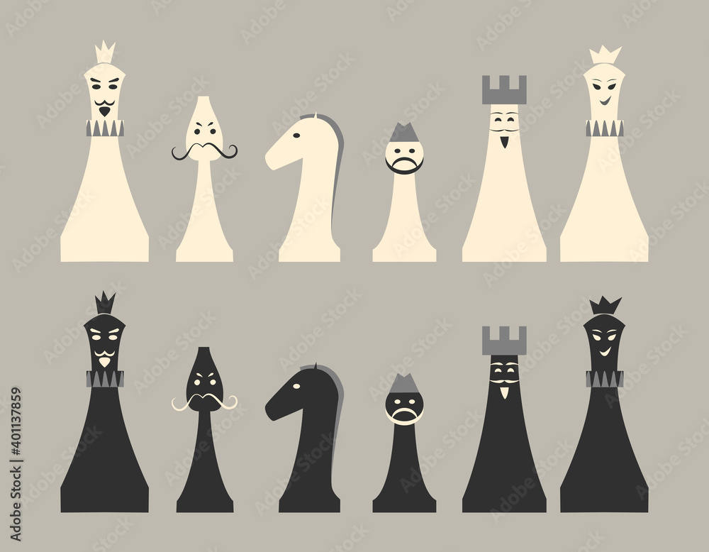 Set of funny smiling characters for chess figures in flat style as ...